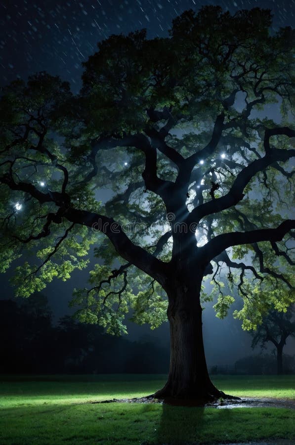 Majestic Night Oak Tree Illuminated by Lights Stock Illustration ...