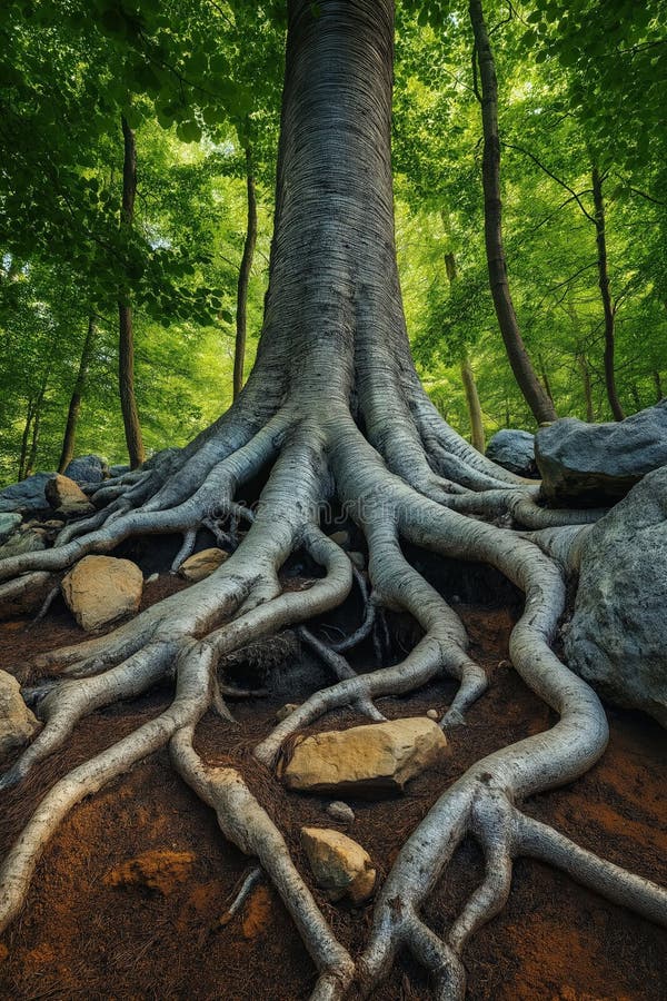 Majestic Tree with Intricate Roots Surrounded by Lush Greenery in a ...