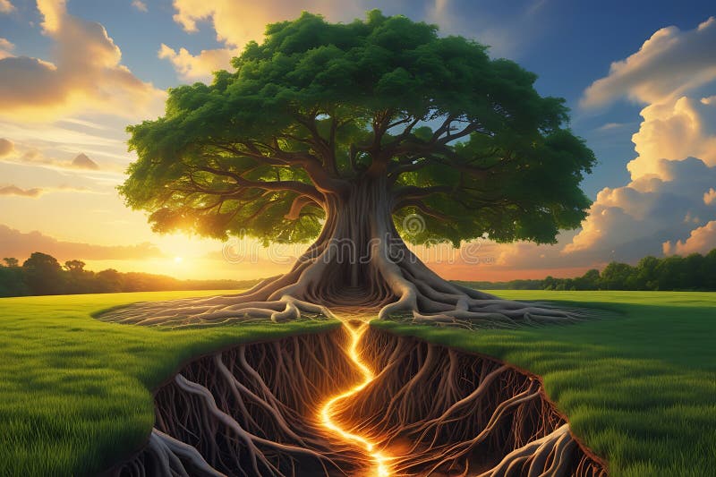Majestic Tree of Life Intricate Root System Golden, Stock Illustration ...