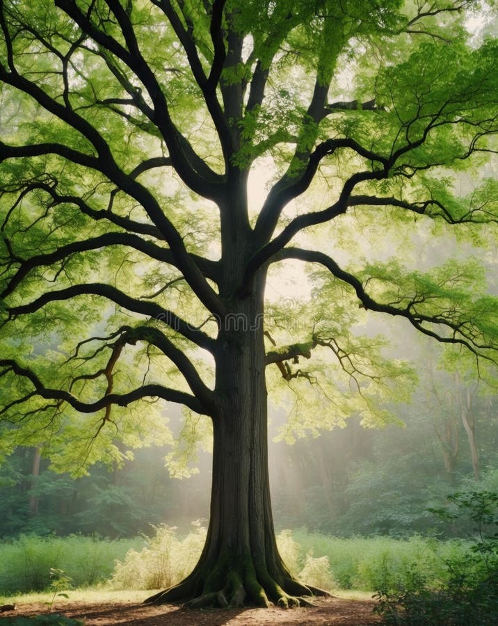 Majestic Tree in Lush Green Forest with Sunlight. Stock Photo - Image ...