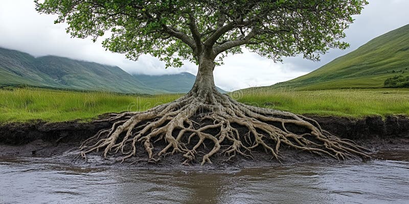 Majestic Tree Roots Exposed by Riverbank Nature Landscape Stock ...
