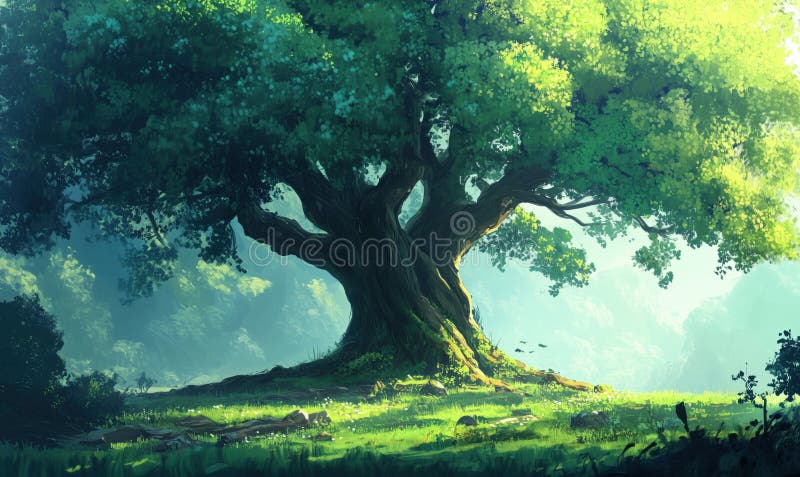 Majestic Tree in Serene Forest Setting, Lush Greenery, Soft Sunlight ...