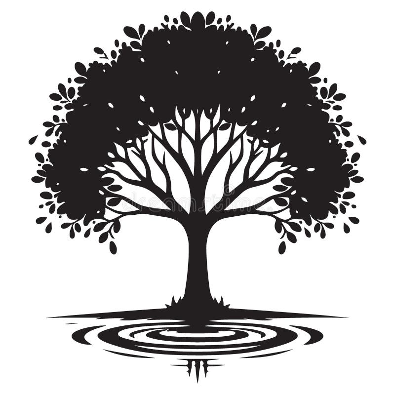 Majestic Tree Silhouette Vector Illustration with Root Ripples Stock ...