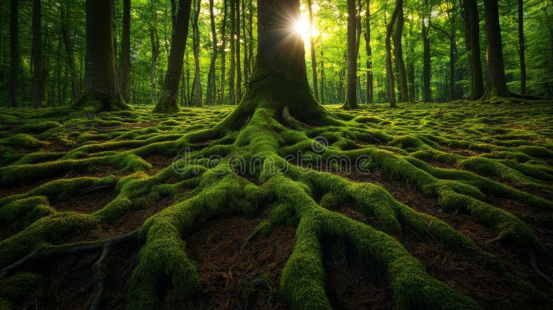 Majestic Tree with Sprawling Moss-covered Roots in Dense Forest Stock ...