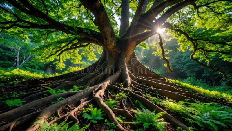 Majestic Ancient Tree with Exposed Roots in Lush Green Forest Stock ...