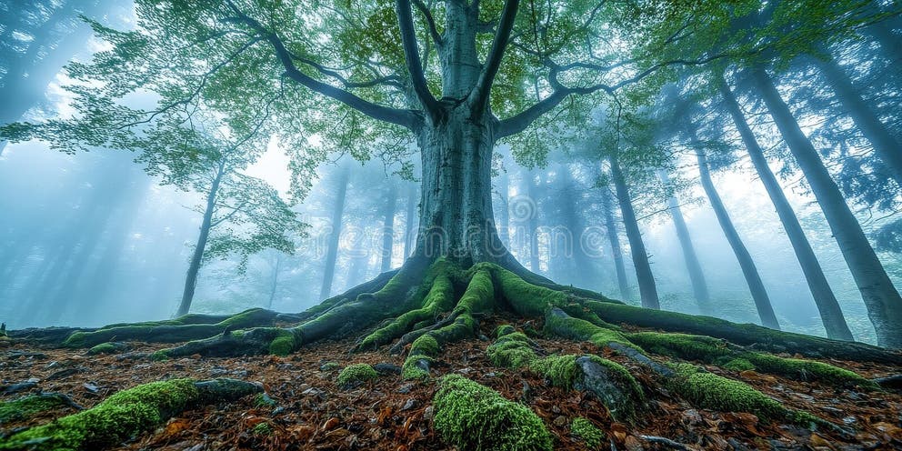 A Majestic Tree with Sprawling Roots in a Misty Forest Setting Stock ...