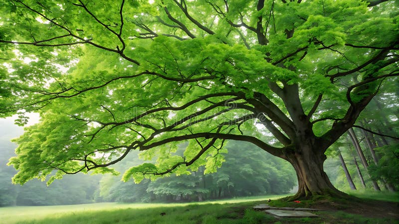 Majestic Tree Spreading Its Branches in a Peaceful Green Forest Setting ...