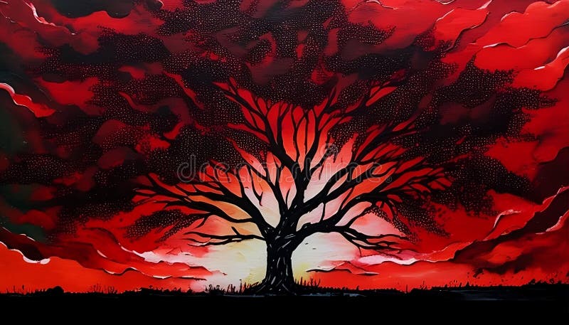 Majestic Tree Standing Tall Against Vibrant Red Sky, Made with ... Majestic Tree Standing Tall Against Vibrant Red Sky, Made with ...