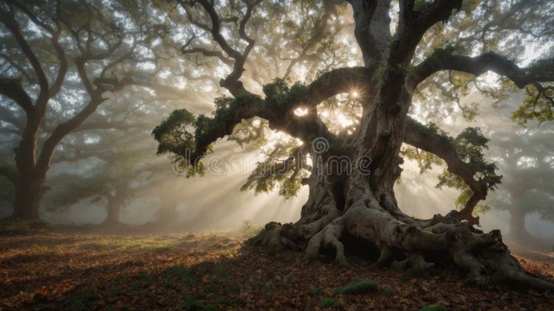 Ancient Majestic Oak Tree in Misty Forest at Sunrise Stock Illustration ...