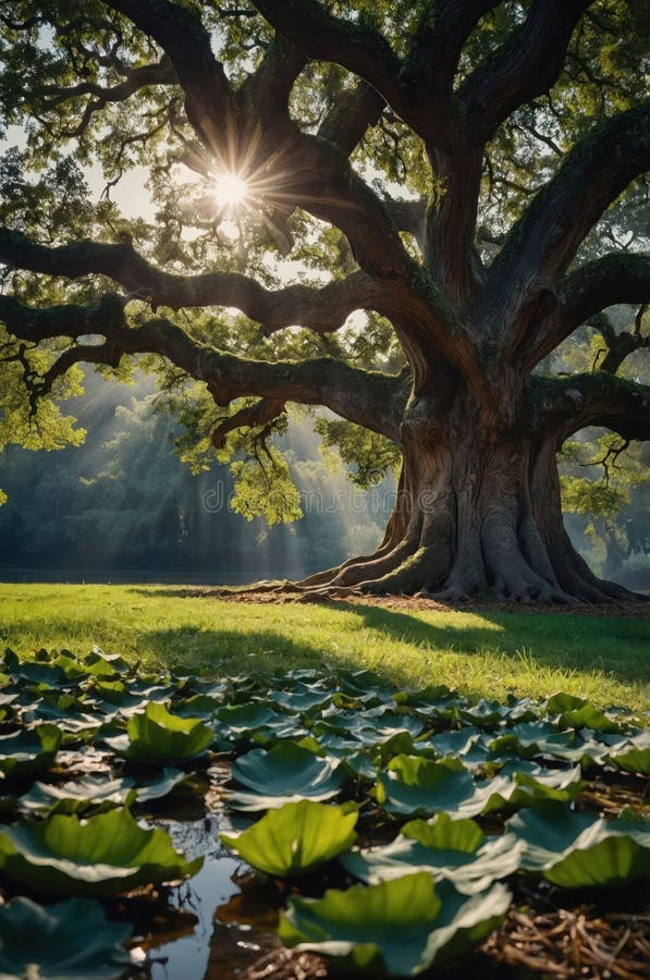 Majestic Ancient Oak Tree in Sunlight with Water Lilies Stock ...