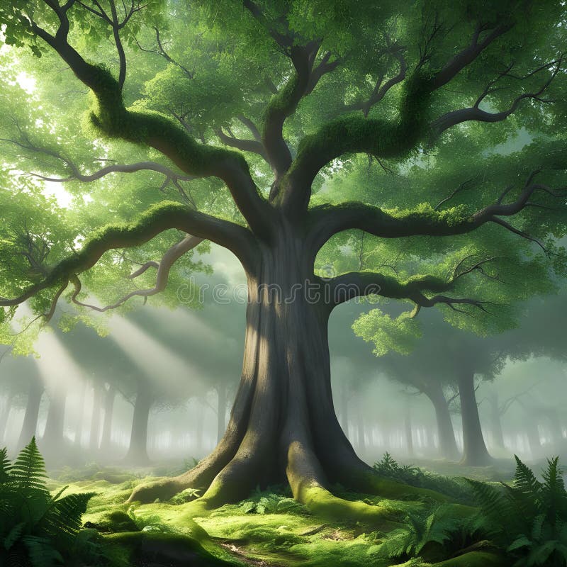 A Majestic Tree Stands Tall Stock Illustration - Illustration of serene ...