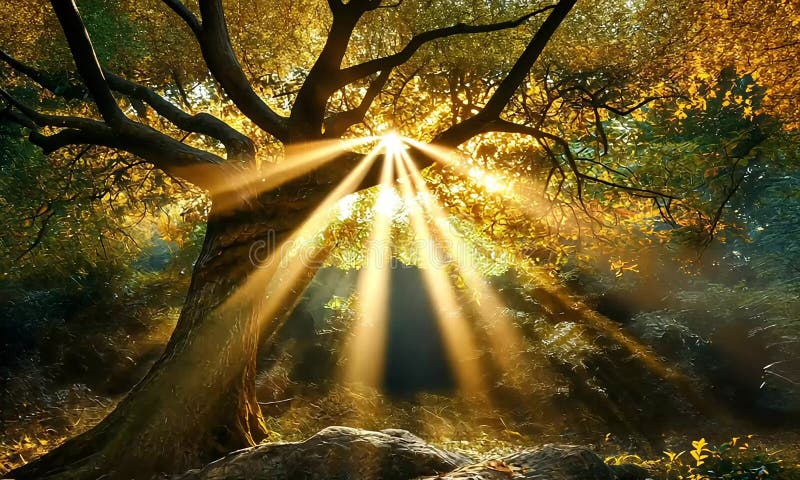 Majestic Tree in a Sunlit Forest, with Rays of Light Streaming through ...