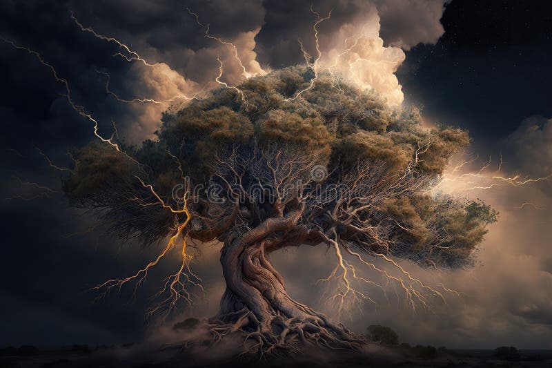 Majestic Tree Surrounded by Stormy Clouds and Lightning Stock ...