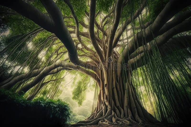 Majestic Tree with Thick Canopy and Trunks of Bamboo Forest Stock ...