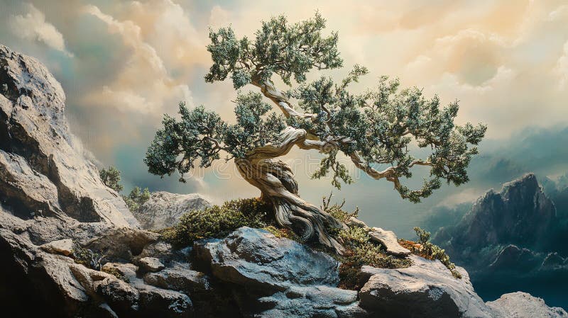 Majestic Tree Thriving on Rocky Terrain Stock Illustration - Illustration of landscape, mountain ...