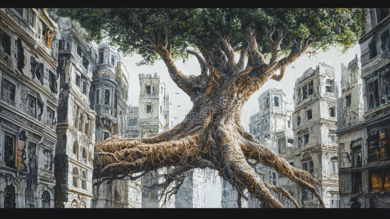 Majestic Tree Thriving among Ruined Buildings in Post-Apocalyptic ...