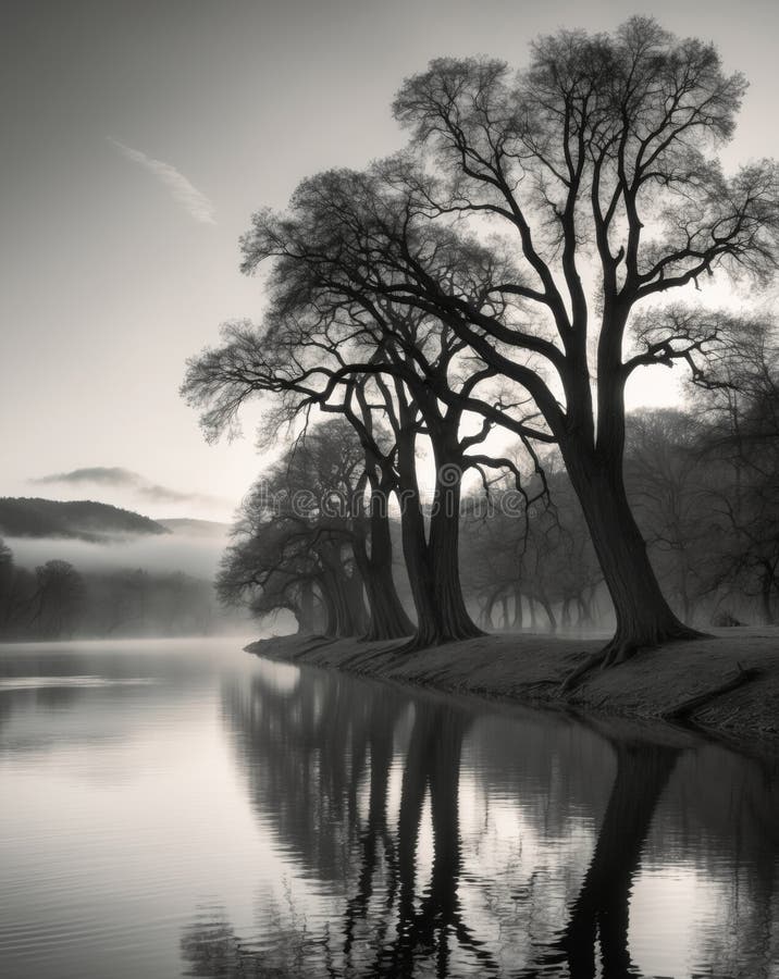 Majestic Trees Lining a Calm River in Nature. Stock Photo - Image of ...