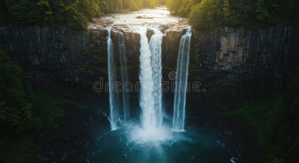 Majestic Triple Waterfall Cascading Down Dark Cliffside Stock ...