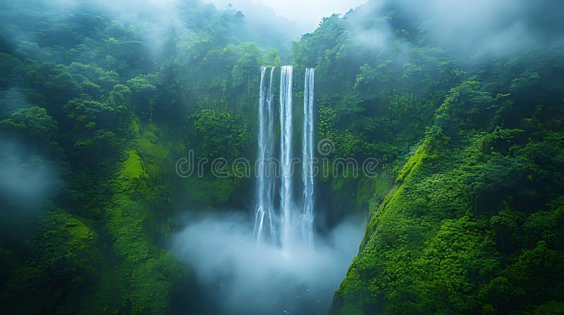 Majestic Triple Waterfall Cascading through Misty Jungle Valley Stock ...