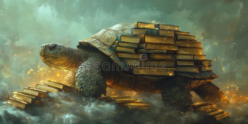 Majestic Turtle with Books As Shell in Surreal Misty Environment ...