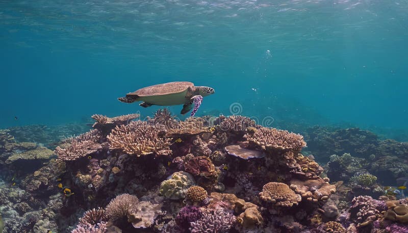 Majestic Turtle Gliding Over Vibrant Coral Reef Stock Illustration ...