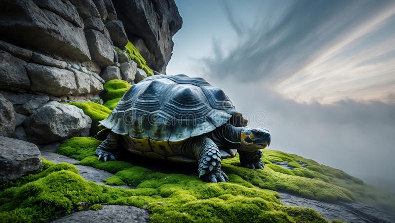 Giant Galapagos Tortoise on Mossy Rocks, Majestic Mountaintop Stock ...