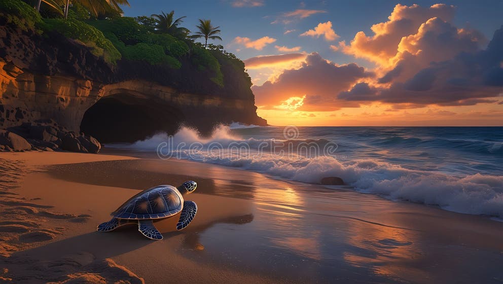 Majestic Turtle at Sunrise Beach Stock Illustration - Illustration of ...