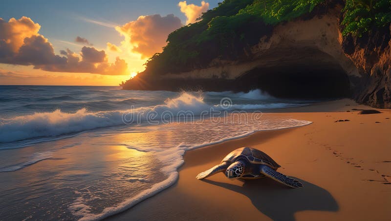 Majestic Turtle at Sunrise Beach Cave Stock Illustration - Illustration ...