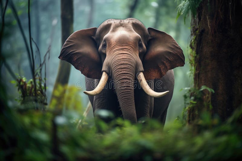 Majestic Tusker Framed by Dense Jungle Flora Stock Image - Image of ...