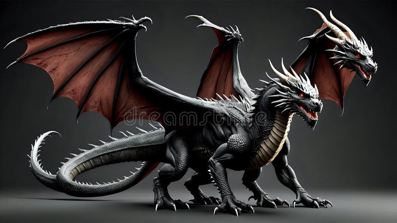 Majestic Two-Headed Black Dragon Fantasy Art Stock Illustration ...