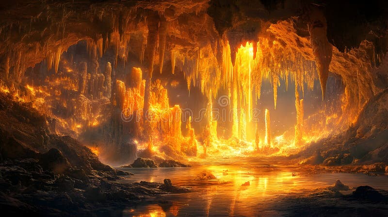 Majestic Underground Cave Filled with Glowing Orange Stalactites and ...