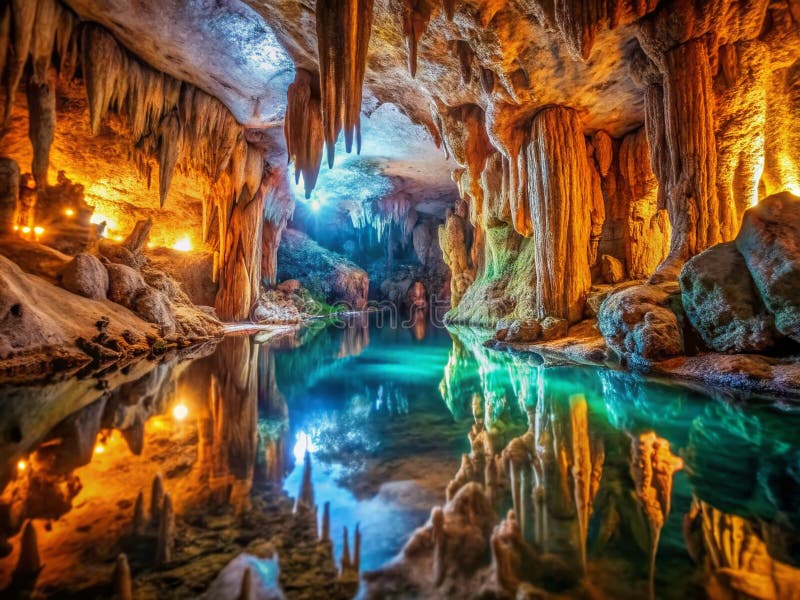 Majestic Underground Cavern a Subterranean River Winds through Intricate Rock Formations ...