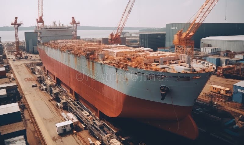 A Majestic Vessel Under Construction at a Bustling Shipyard Stock ...