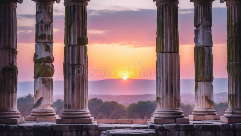 Majestic View through Ancient Stone Columns and Sunset Horizon Stock ...