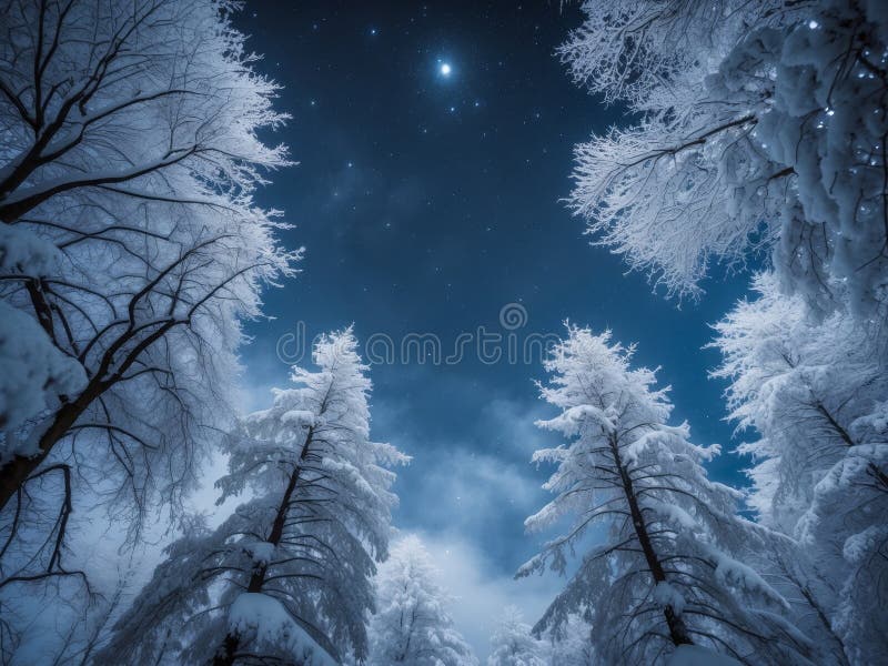 Majestic View Upwards through Snow Covered Trees into the Night Sky ...