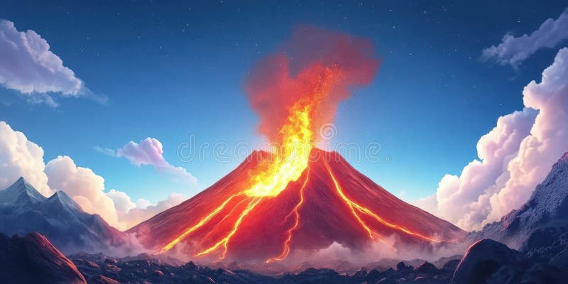 Majestic Volcanic Eruption with Glowing Lava Under a Starry Sky Stock ...