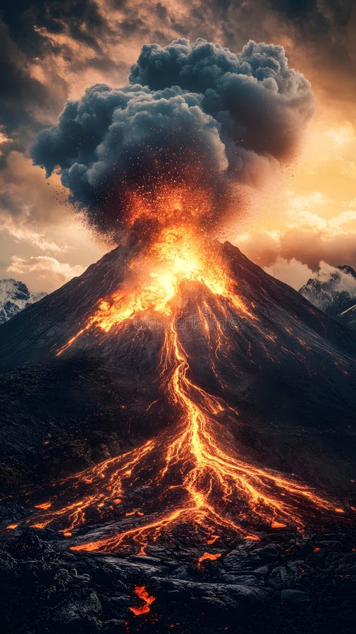 Majestic Volcanic Eruption at Sunset with Glowing Lava Flow and Ash ...