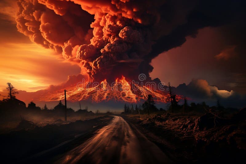 Majestic Volcano: a Captivating Sunset with Lava Flow. AI Stock ...