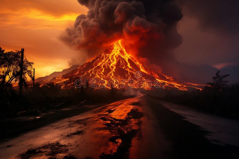 Majestic Volcano: a Captivating Sunset with Lava Flow. AI Stock ...