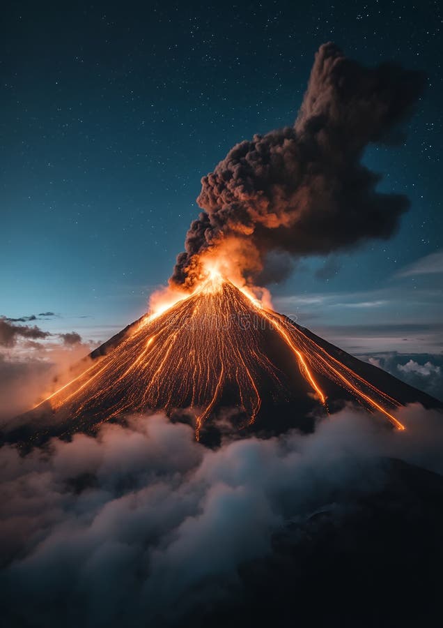 Majestic Volcano Eruption Night Dramatic Lava Flow Sky Hot Ash Fire ...