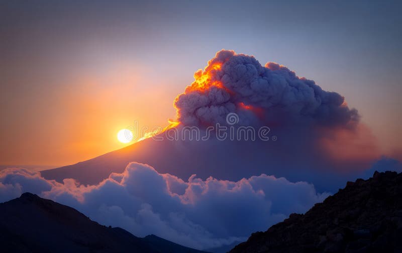 Majestic Volcano Eruption at Sunset with Dramatic Clouds and Glowing ...