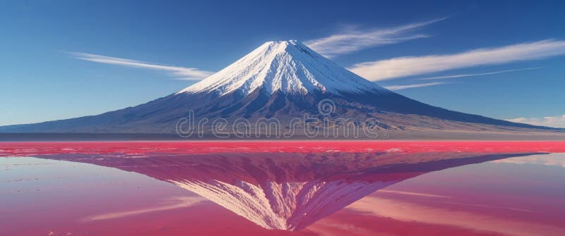 Majestic Volcano Reflected in a Stunning Red Salt Flat Landscape Stock ...