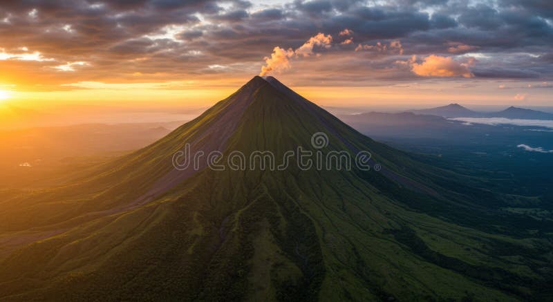 Majestic Volcano at Sunrise with Rolling Clouds and Lush Greenery Stock ...