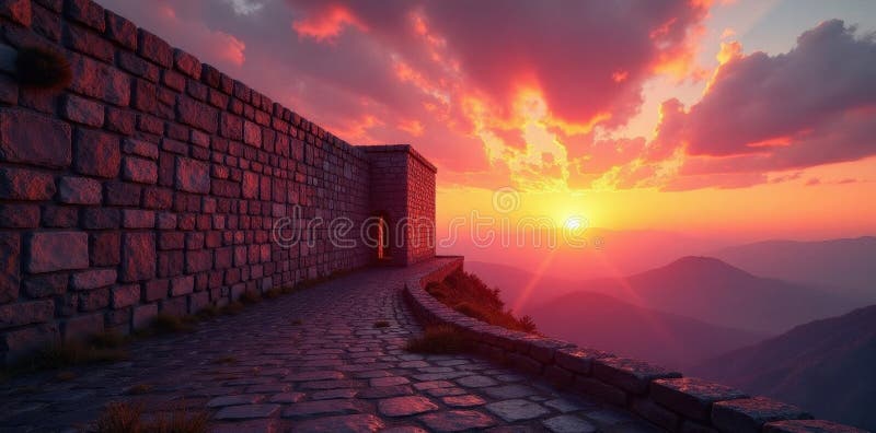 Majestic Wall Stretching Across Sunset Panorama, Panorama, Yellow Stock ...