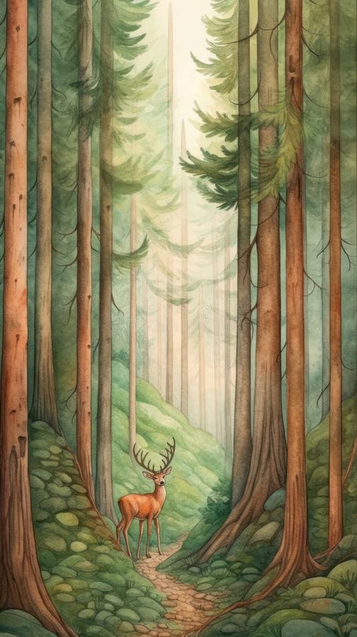 Majestic Watercolor Forest Landscape with Pine Trees and Deer. Stock ...