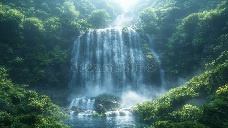 Majestic Waterfall Amidst Lush Forest with Mist and Sunlight Stock ...
