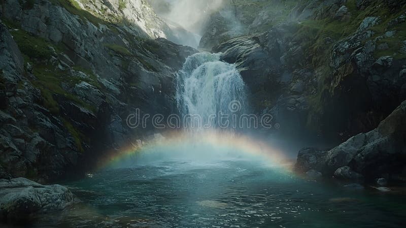 Majestic Waterfall Cascade with Rainbow in Mountain Gorge Nature Scene ...