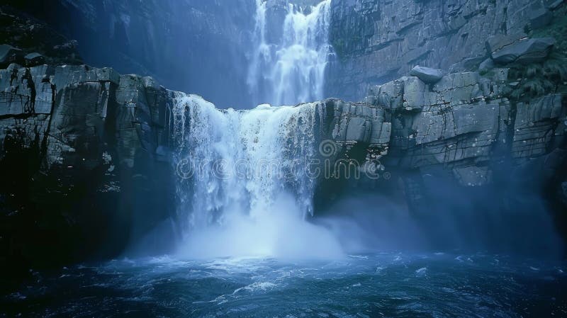 A Majestic Waterfall Cascades Down a Rocky Cliff the Mist Created from ...