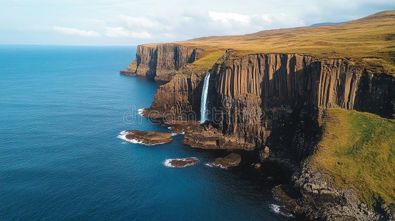 Majestic Waterfall Cascading from Cliffside into Calm Ocean Waters ...