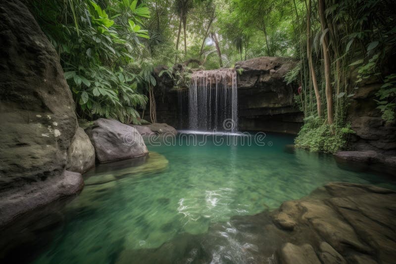 Majestic Waterfall Cascading into Crystal-clear Pool Stock Photo ...